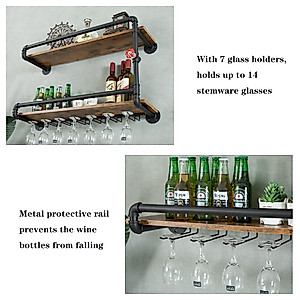 BOTAOYIYI Wine Rack Wall Mounted 2 Tier, Hanging Floating Bar Liquor Shelves with Glass Holder Storage Under, Industrial Rustic Pipe Farmhouse Kitchen Decor Black(35.4x10.6x19.7)