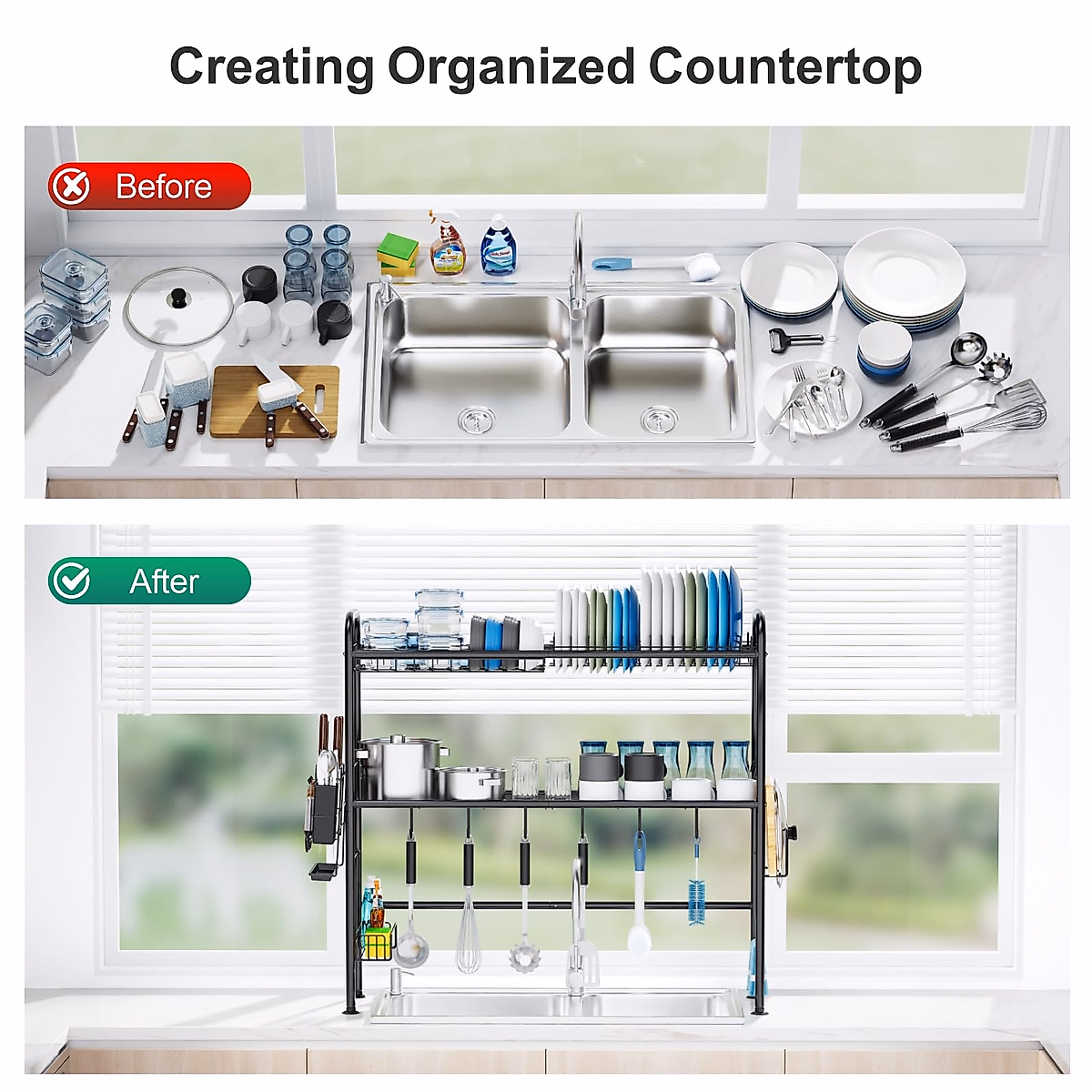 GSlife Over The Sink Dish Drying Rack Stable Stainless Steel Dish Drying Rack Kitchen Organizer Dish Drainer Shelf for Kitchen Counter, Silver