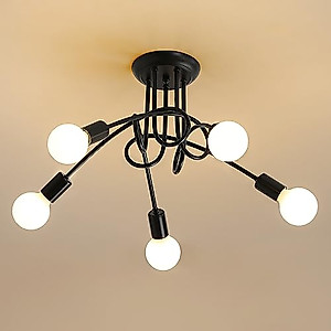 DELIPOP Modern Sputnik Chandelier Ceiling Light, 5-Light Industrial Metal Black Light Fixture, E26 Mid Century Semi Flush Mount Ceiling Light for Bedroom, Dining Room, Living Room, Kitchen, Hallway