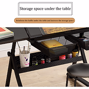 Drafting Desk, Glass Drafting Table Art Desk with Stool, Height Adjustable Drawing Desk Art Table for Artists, Upgraded Tiltable Tabletop Art Craft Desk Painting Work Station for Reading Writing Draw