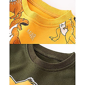 Azalquat Toddler Boys Crewneck Sweatshirt, Cotton Long-Sleeve Pullover Cartoon Print (Yellow Dinosa/Lion, 18-24 Months)