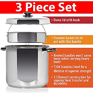 Maxam 30 Quart Stock Pot & Steamer Basket Set - Waterless Cooking & High Heat-Retention - Soup Pot w/Lid for Cooking & Serving