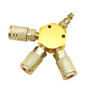 Tnuocke Air Splitter 3-Way Manifold Hex Style with 3 Pieces Brass Industrial Coupler and 1/4" Plug,Air Compressor Hose Accessories Quick Connect Fittings H-047