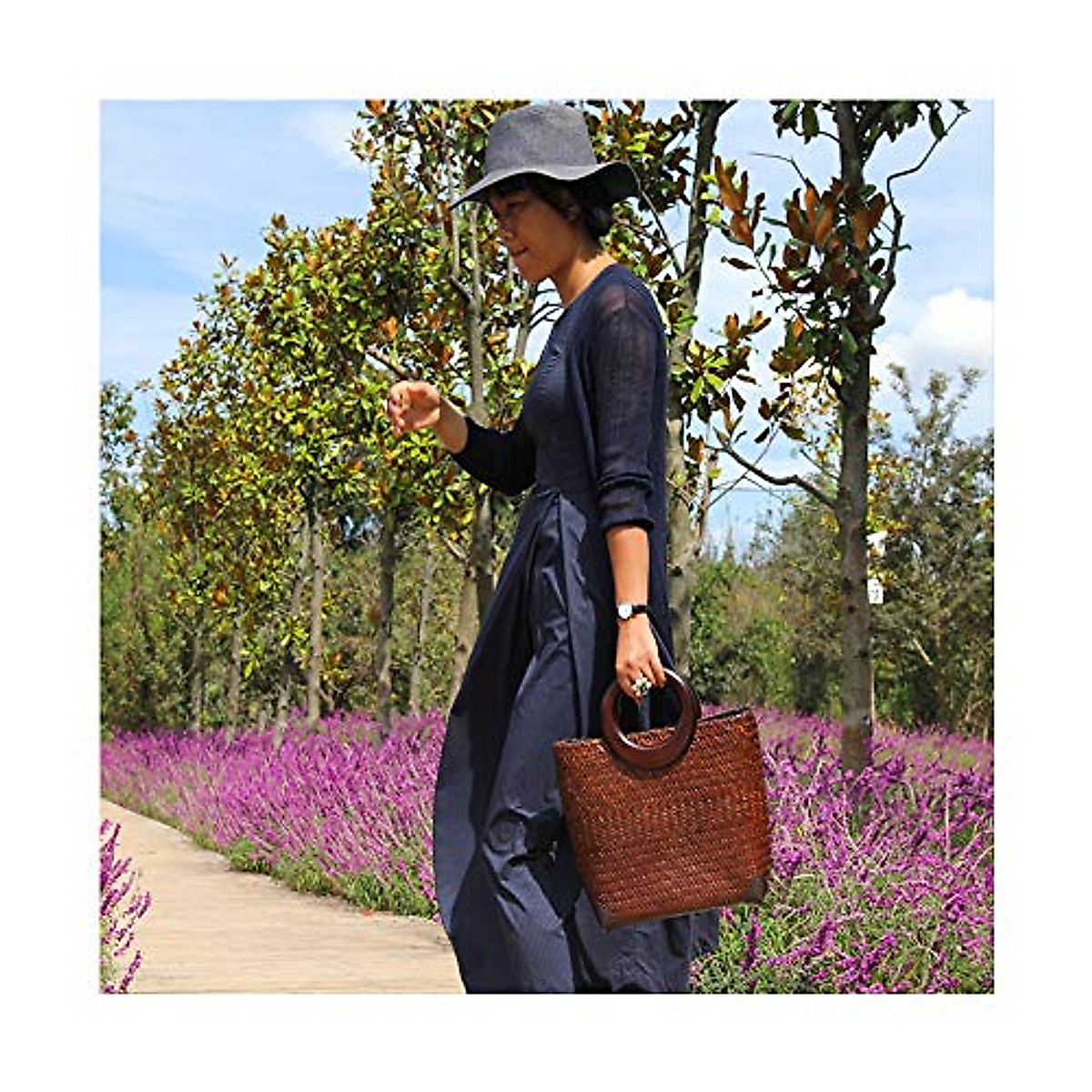 QTKJ Hand-woven Womens Straw Large Boho Handbag Bag for Women, Summer Beach Rattan Tote Travel Bag with Wood Round Top Handle (Brown)