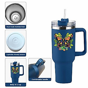 LB LEOBON 40 ounce insulated cup with handle, double-layer vacuum stainless steel material, equipped with straw, can keep warm or maintain cold drinks Butterfly Flowers 2 wathet