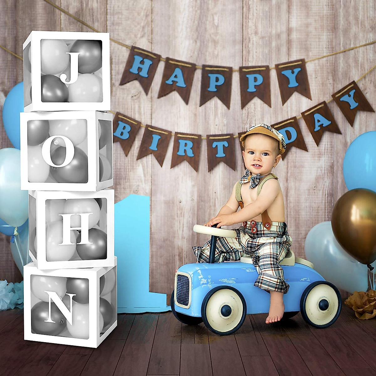 Happy Place Product Balloon Box Decorations, 4 White Boxes with Big Letters for Baby, Custom Name or Grad, custom birthday decor, Gender Reveal Decorative Blocks, Baby Shower - Large Balloon Boxes