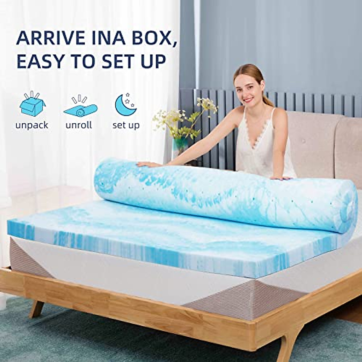 Opoiar 2 Inch Cooling Gel Memory Foam Mattress Topper in a Box, Medium Firm Mattress Topper for Pressure Relief & Temperature Regulation,CertiPUR-US Certified, Blue&White (Twin)