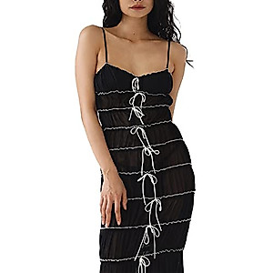Faretumiya Y2k Ruched Strap Dress for Women Sleeveless Low Cut Cami Bodycon Layered Short Dress Casual Summer Going Out Dress(Long Black,Small)