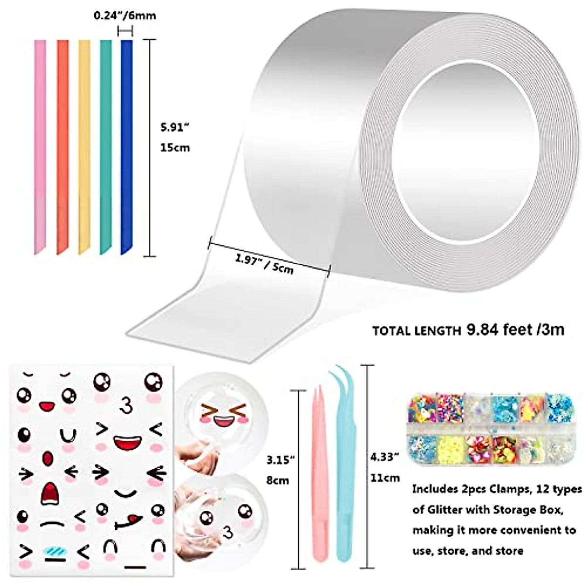 Nano Tape Bubble Kit, Super Elastic Bubble Balloons with 5pcs Straw, 2pcs Clamps, Stickers,12 Kinds of Glitter with Storage Box, Nano Tape Plastic Bubble Balloon DIY Craft Kit for Boys, Girl