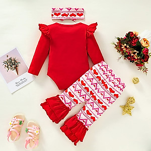 GRNSHTS Baby Girl My First Valentine's Day Clothes Long Sleeve Ruffle Romper Bell-Bottomed Pants 3Pcs Love Heart Outfits(Red,6-9M)