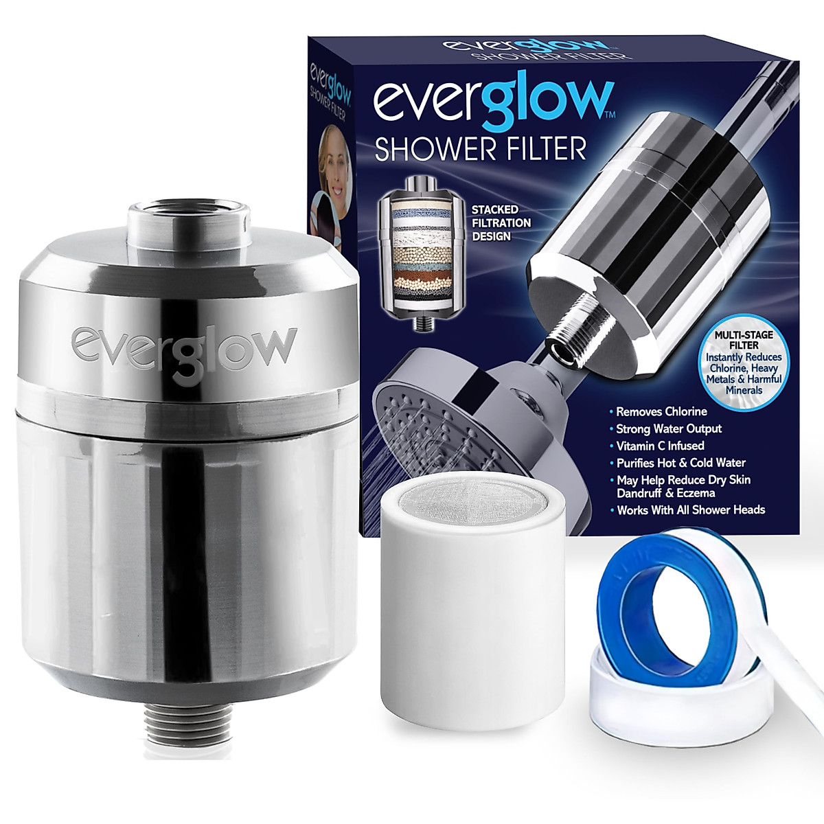 EVERGLOW High-Output Shower Filter, 100% Removes Chlorine, Moisturizes Dry Itchy Skin, Skin and Hair, Helps with Dandruff, Eczema and Vitamin C Infused and Water Softener, 4.7” - Chrome