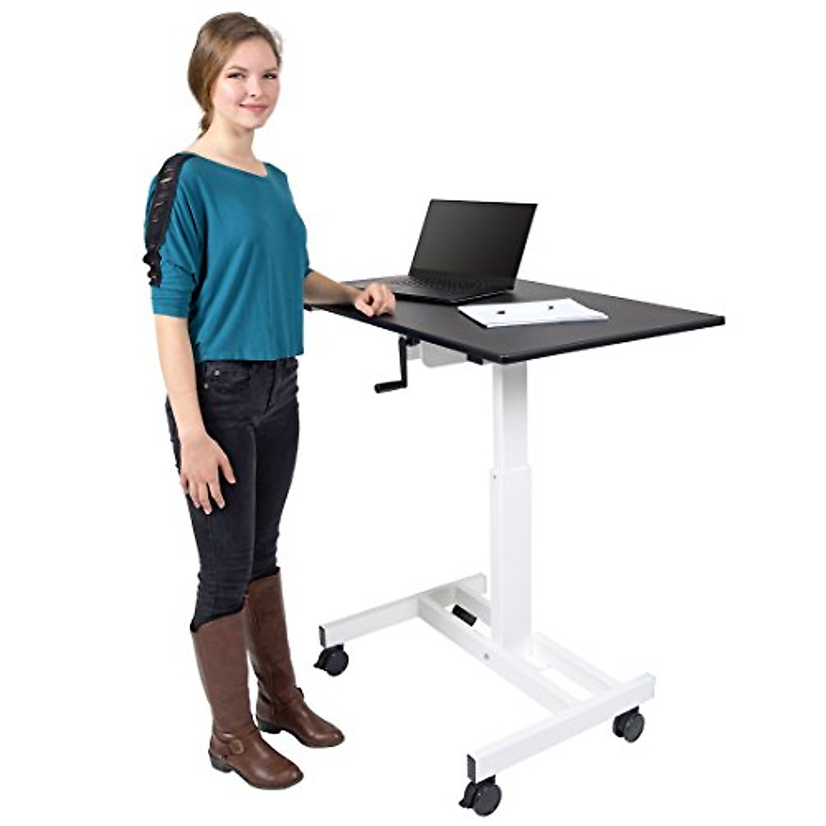 Stand Up Desk Store Crank Adjustable Height Single Column Rolling Mobile Standing Desk (White Frame/Black Top, 40" Wide)