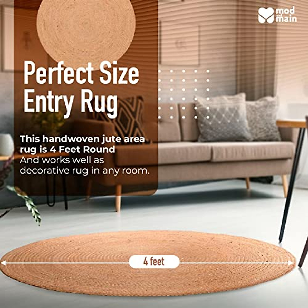 Mod and Main Jute Area Rug - Round Braided Rustic Rug - Vintage Woven Rug - Jute Rugs for Bedroom, Kitchen, Living Room, Farmhouse - Beige (4' Round)