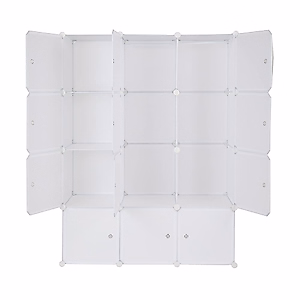 Wardrobe 12 Cube Organizer Stackable Plastic Cube Storage Shelves Design Multifunctional Modular Closet Cabinet with Hanging Rod White Doors