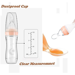 Haakaa Silicone Baby Food Dispensing Spoon Feeder 4oz - Infant Squeeze Cereal Feeder, Baby Fresh Food Feeder, Feed Bottle for Puree, Solid Baby Food, BPA Free, 4m+ Babies – Peach