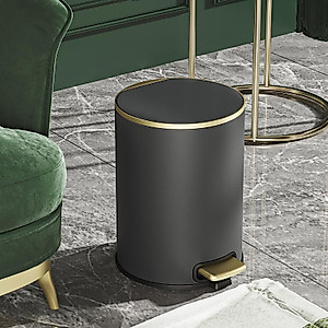 MRBIN Bathroom Round Trash Can with Lid, Small Metal Office Garbage Pail, 1.6 Gallon Waste Step Basket with Foot Pedal, for Bedroom, Kitchen, Dorm Decor Accessories, Grey