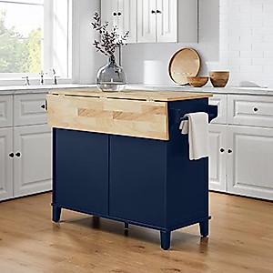Crosley Furniture Cora Drop Leaf Kitchen Island Microwave Stand, Coffee Bar with Storage Drawers and Shelves, Navy