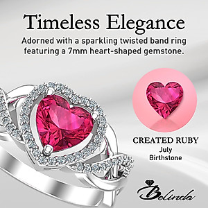 Belinda Jewelz - Heart Shaped Birthstone Ring, 7mm Cubic Zirconia Birthstone Rings for Women, 925 Sterling Silver Birthstone Rings, Promise Rings for Women, Created Ruby, Size 9