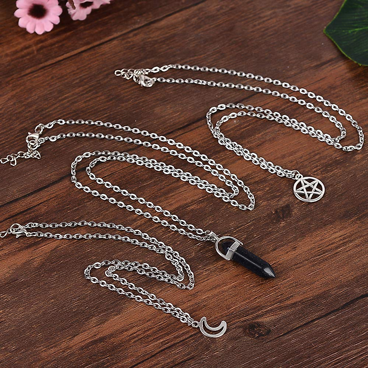 MJartoria Moon Pentagram Necklace with Headwear Pentacle Crystal Chakra Pendant Layered Necklaces for Women Choker Necklace Gothic Jewelry Goth Accessories (Dark Blue, Moon Pentagram)