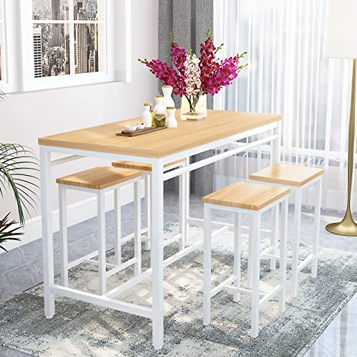 AWQM 5 Piece Bar Table Set, Modern Counter Height Dining Table and Chairs Set for 4, Wood Kitchen Table and 4 Bar Stools for Small Spaces, Apartment, Pub, Dining Room, Beige