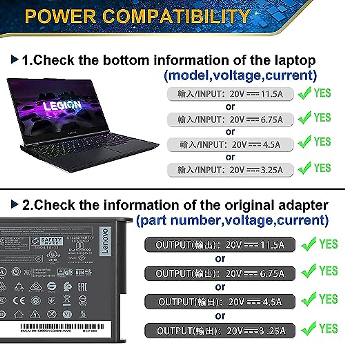 New 230W 20V 11.5A AC Adapter for Lenovo Legion Y7000 Y7000P Y9000K Y520 Y520-15 R720 Y92, PN: ADL230NLC3A 01FR046 SA10M42756 SA10E75805 PA-1231-12LA ADL230NDC3A 01FR044 Laptop Power Supply