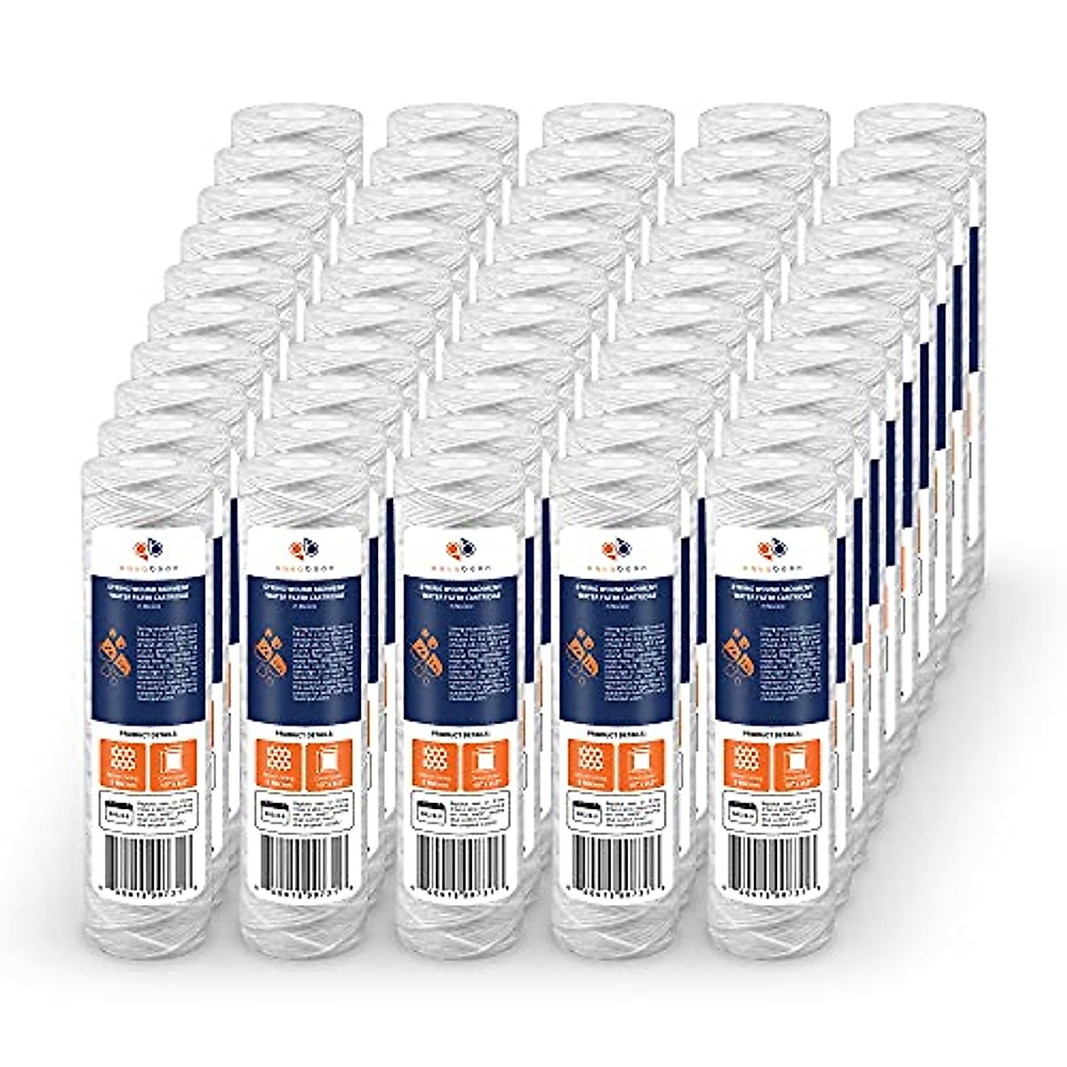 Aquaboon 5 Micron 10" x 2.5" String Wound Sediment Water Filter Cartridge | Universal Replacement for Any 10 inch RO Unit | Compatible with WP-5, AP110, CFS110, P5, WFPFC4002, WP-5, CW-MF, 50-Pack