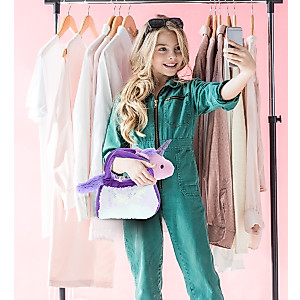 DolliBu Purple Unicorn Bags Collection Set of 3 - Blue and Purple Unicorn Stuffed Animal Purse Bags for Girls, Removable Unicorns in Sequin, Furry Handbags for Dress Up