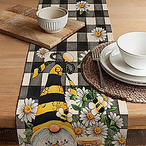 Seliem Spring Bee Gnome Table Runner, Honey Black White Buffalo Plaid Check Home Kitchen Dining Decor, Summer Seasonal Farmhouse Daisy Decorations Indoor Outdoor Anniversary Party Supply 13 x 72 Inch