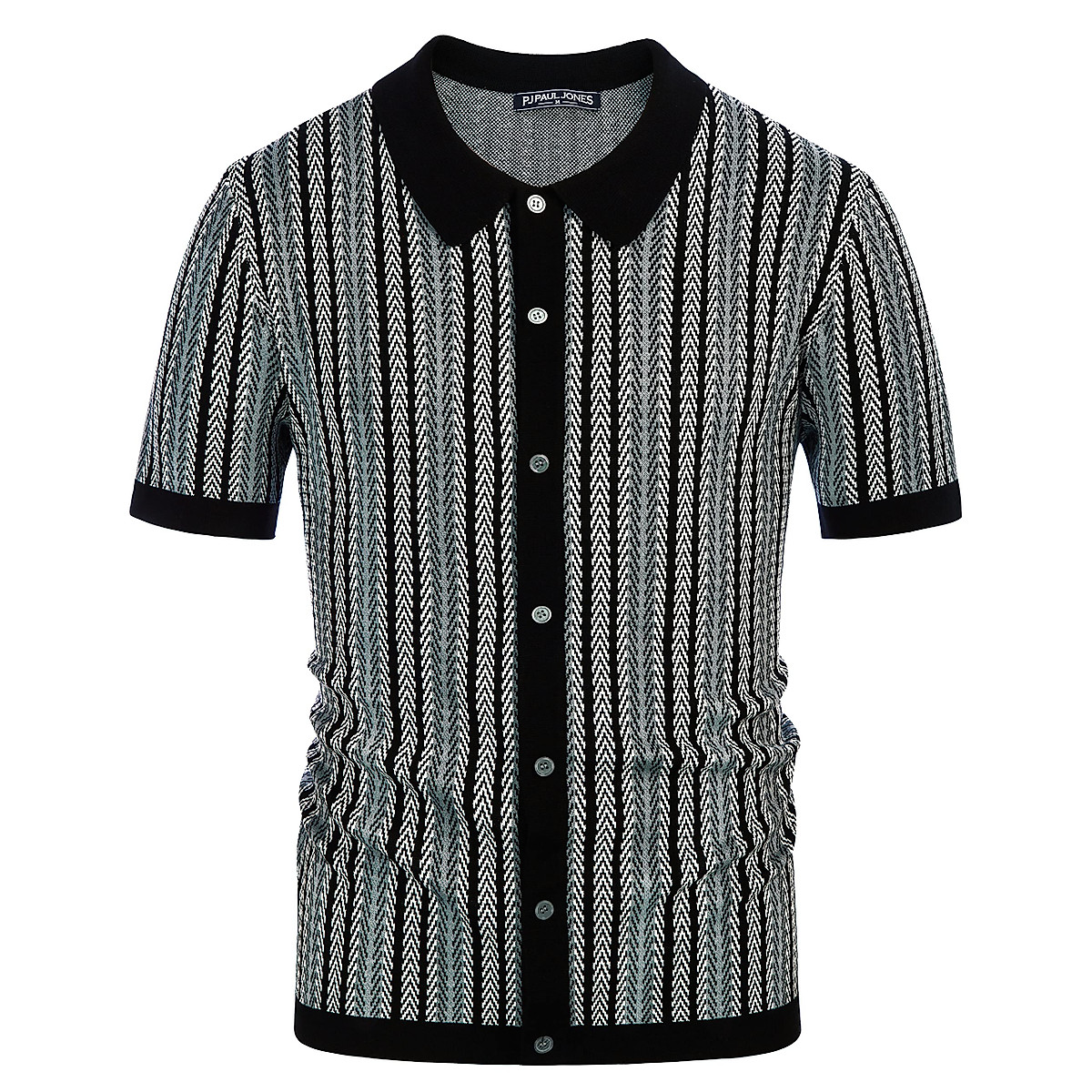 PJ PAUL JONES Retro Knitted Polo Shirt for Men 1950s Italian Stripes Shirt Short Sleeve Button Down Knit Polos Collared Knit Cardigan Sweater Black Grey