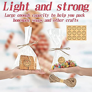 100pcs 6"x 9" Clear Soap Bags Cellophane Gift Bags with 9 Pieces Stickers and Hemp Rope for Homemade Soap Craft Gift Packaging Supplies Box Birthday Party