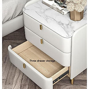 Bedside Table Mid-Century Modern Nightstand Faux Leather Bedside Table W/Marble Pattern Sintered Stone Top Side Table Wood 3 Drawer Bedroom Cabinet Chest of Drawers (Color : Black, Size : 50X40X69cm
