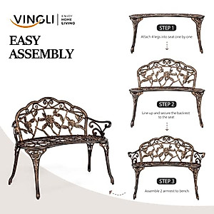 VINGLI 38.5" Patio Park Garden Outdoor Metal Rose Bench,Cast Iron Cast Aluminium Frame Antique Finish Chair,Accented Lawn Front Porch Path Yard Decor Deck Furniture for 2 Person Seat，Bronze