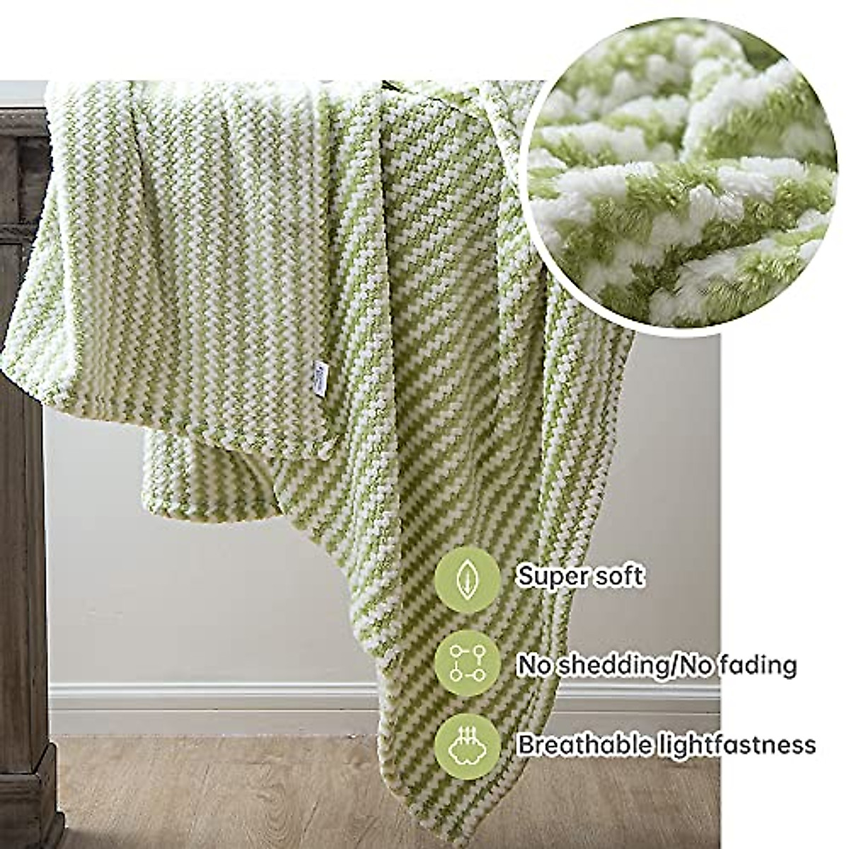 Simple&Opulence Dot Velvet Throw Blanket, Lightweight Striped Blanket for Sofa/Bed/Couch, Ultra Soft, Plush, Cozy and Warm, Green and White, 50''x60''