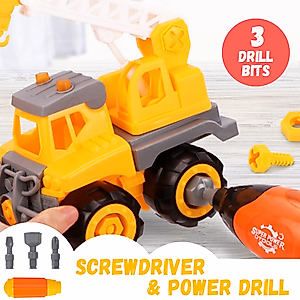 Construction Trucks Take Apart Toys for Kids Age 3-5 Toddlers Set of 3 Vehicles Excavator, Crane, Dump Truck Toy with Screwdriver and Drill Stem Educational Birthday Gift for 2 3 4 5 Year Old Boys