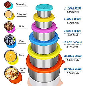 LEEPENK Stainless Steel Food Containers With Silicone Lids Leakproof Snack Containers for Kids Adults Set of 6 Metal Food Storage Containers (50,100,220,400,680,950ml) Durable for School Lunch,Picnic