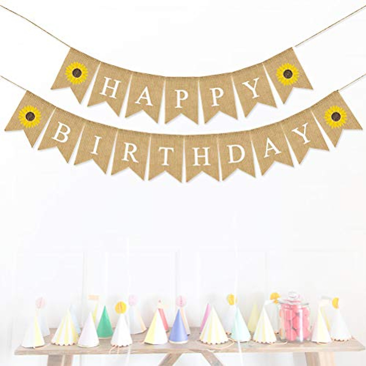 BESTOYARD Birthday Bunting Banner Decorative Burlap Banner Linen Swallowtail Pull Flag Party Supplies (Happy Birthday Letters Sunflower Pattern)