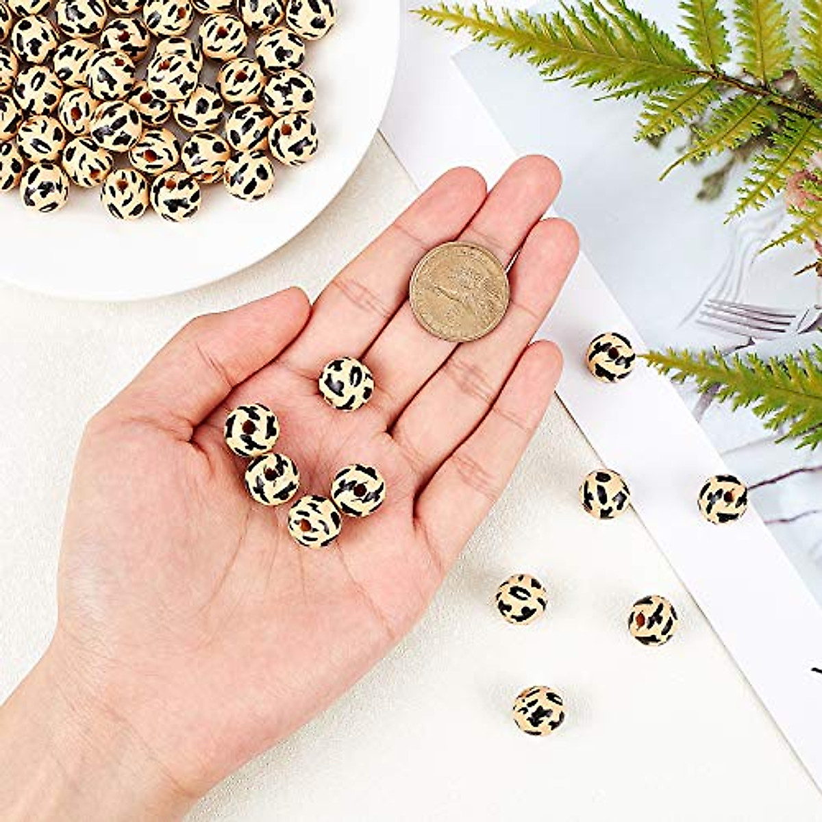CHGCRAFT 300pcs Printed Wood Beads Dyed Charm Round Shaped Beads with Black Leopard Print Pattern Small Hole Spacer Beads Loose Wood Beads for Bracelet Necklace Earrings Keychain 12x14x13mm