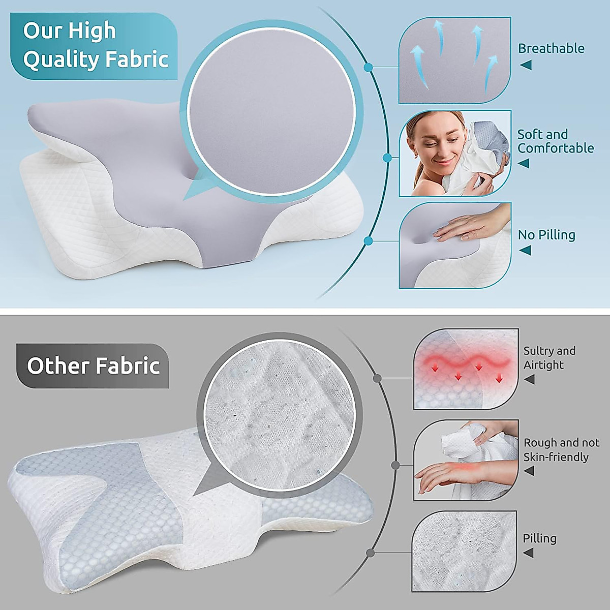 RXENDY Cervical Pillow for Neck Pain Relief,Memory Foam Neck Pillow with 2 Height,Side Stomach Sleeper Pillows for Adults,Breathable Pillowcase