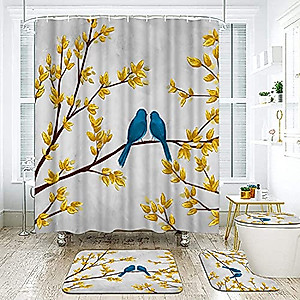 DuoBaorom 4 Pieces Set Tree Bird Shower Curtain Set Blue Love Birds on Yellow Tree Branch Picture Print on Non-Slip Rugs Toilet Lid Cover Bath Mat and Bathroom Curtain with 12 Hooks 72x72inch