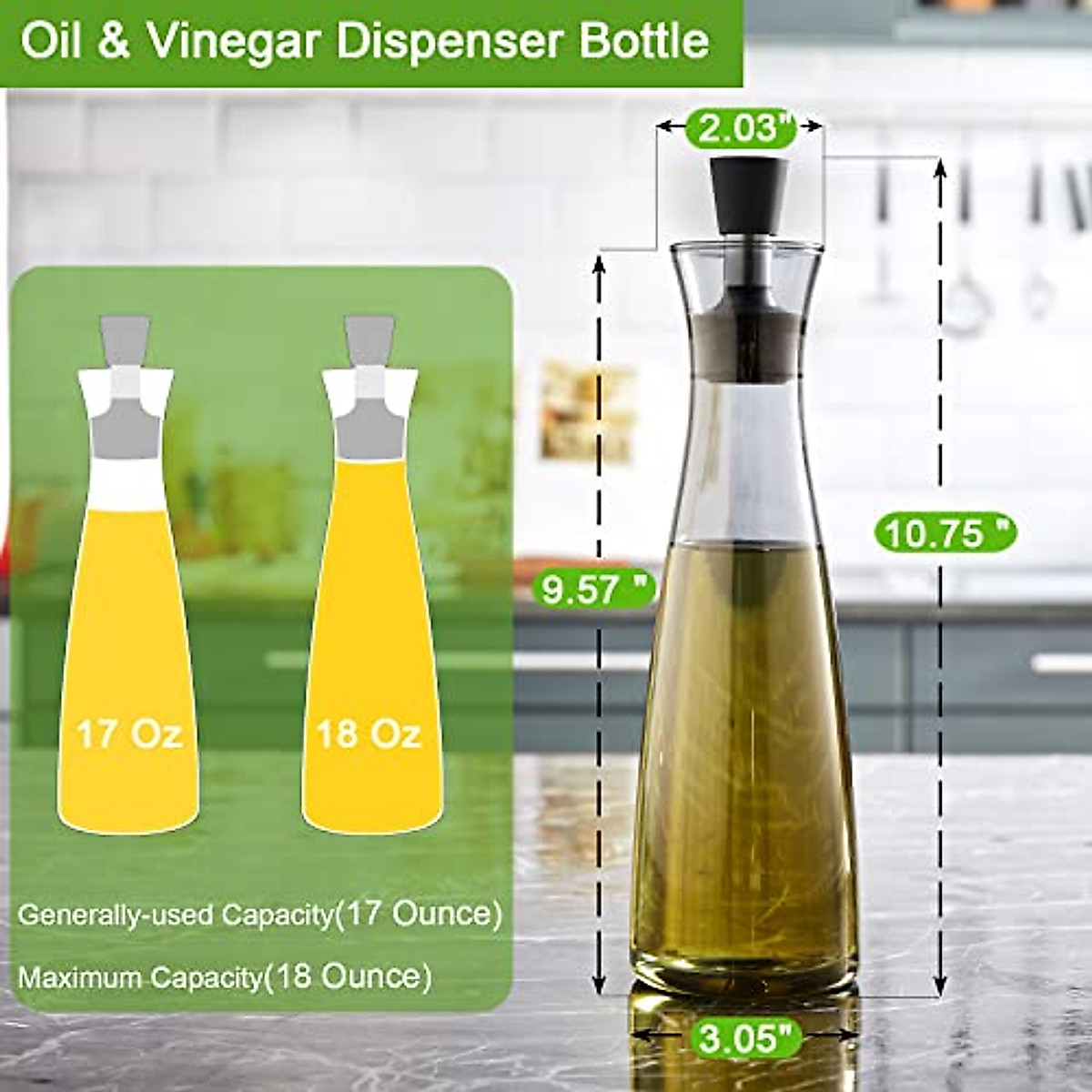 Glass Olive Oil Dispenser, Bivvclaz 18 OZ Oil and Vinegar Dispenser with Drip-free Spout, Olive Oil Cruet Bottle with Airtight Silicone Cap for Kitchen Decor, Easy to Clean, Black Transparent