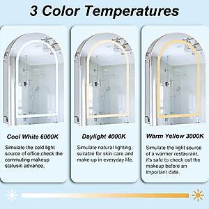 Chende Arched Medicine Cabinet Mirror, 20''x30'' Lighted Medicine Cabinet with LED Lights, Defogger and 3 Color Modes, Dimmable Stainless Steel Cabinet for Bathroom