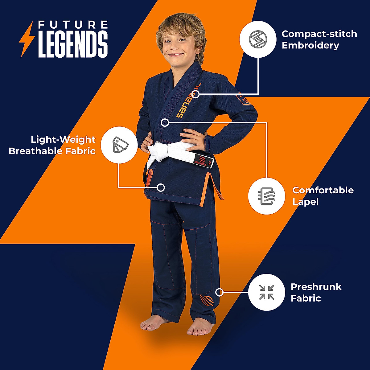 Sanabul Future Legends BJJ Gi for Kids Jiu Jitsu Gi Kimono for Children Youth Preshrunk Fabric & BJJ White Belt Included - Navy/Orange, K4