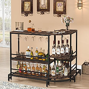 Tribesigns L-Shaped Home Bar Unit, 3-Tier Liquor Bar Table with Storage and Footrest, 43.3" Tall Wine Bar Stand Pub Bar Table for Liquor and Glasses, Rustic Brown