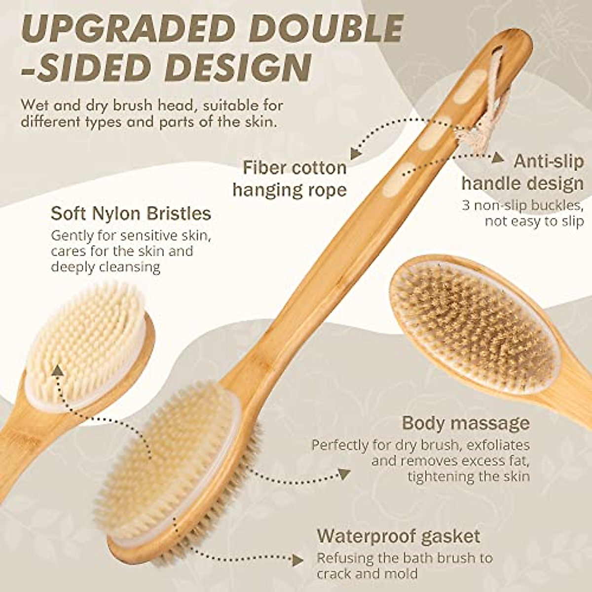 Back Scrubber for Shower, Body Brush & Back Scratcher Set with Long Handle for Adult Men Women, Bath Dual-Sided for Wet or Dry Brushing, Exfoliating Skin.