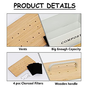 Gdfjiy Compost Bin Kitchen, Indoor Compost Bucket, Rectangle Compost Bin with Wooden Lid, 2 Gallon Capacity for Home Compost Tumbler, Kitchen Waste Garbage Can, Includes 4 Charcoal Filters (White)