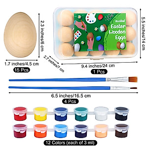 Fovths Elcoho 15 Packs Unfinished Wooden Easter Eggs Unpainted Easter Eggs Toys Mini DIY Fake Art Craft Eggs with Brushes and Paints for Easter Decorating Party Supplies, Natural