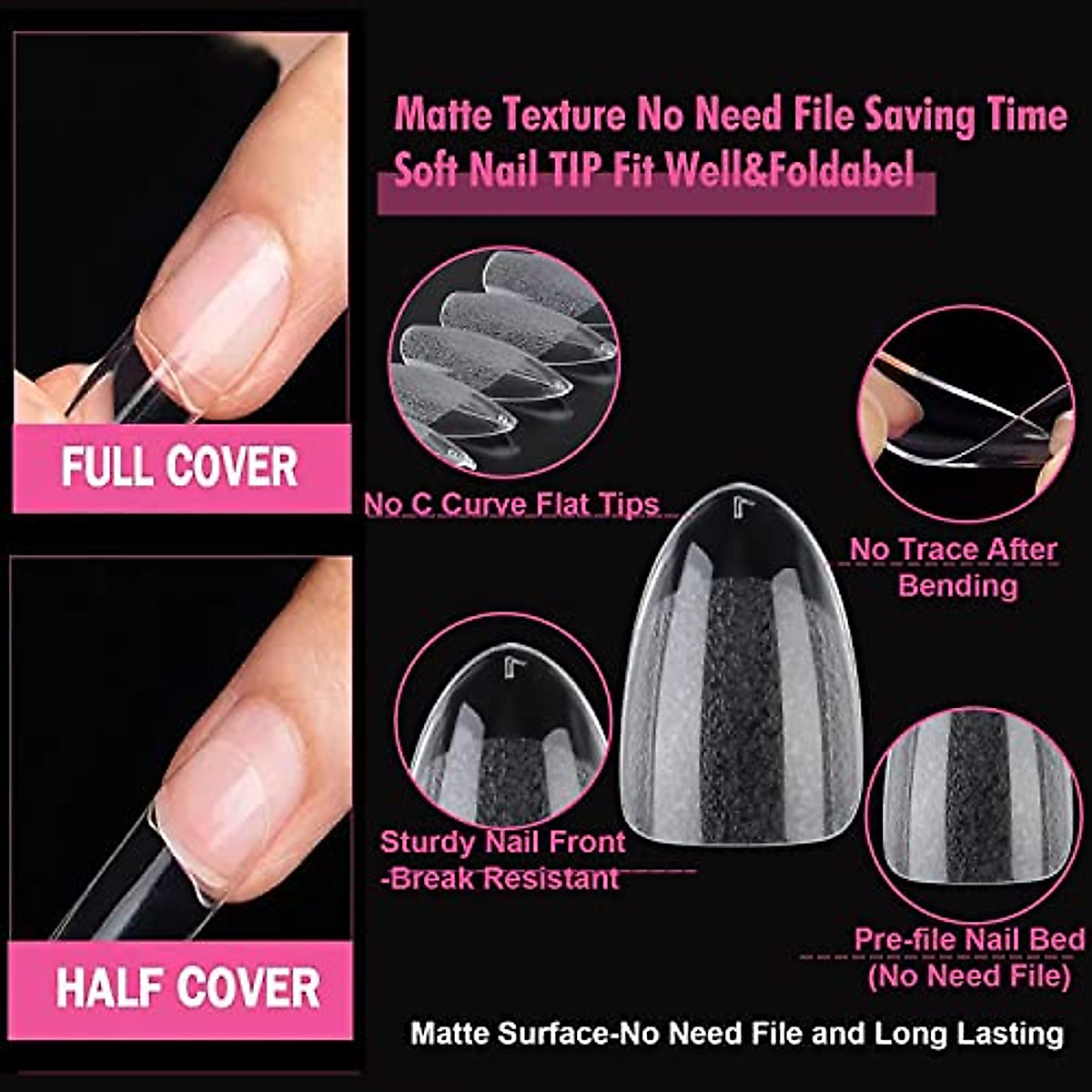 UNA GELLA Short Oval Almond Fake Nails 504pcs Press on Nails Pre-shape Short Almond Round Gel Nail Tips for Full Cover Acrylic False Nails For Nail Extension Home DIY Salon 12 Sizes False Gelly Tips