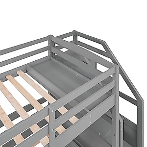 Triple Bunk Beds with Stairs , Wood Twin Over Twin & Twin Bunk Bed with Storage Drawers and Built-in Shelves, Triple Bed for Kids ,3 Bed Bunk Beds with Storage for Girls Boys ,Grey
