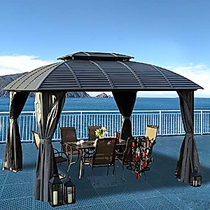 Kozyard 10ftx12ft Hardtop Aluminum Permanent Gazebo with a Mosquito Net Sidewall and Privacy Wall (Odyssey 10ftx12ft)