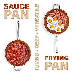 Gotham Steel Nonstick Sauté – 5.5 Quart. Multipurpose Ceramic Jumbo Cooker Fry Pan with Glass Lid, Stay Cool + Helper Handle, Oven, Stovetop & Dishwasher Safe, 100% PFOA Free